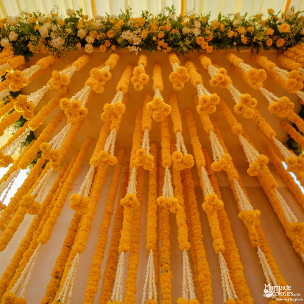 Haldi Function Decoration in House | Marigold Flowers | Yellow Fabric