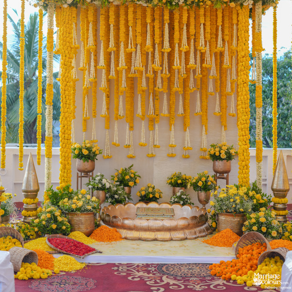 Haldi Function Decoration in House | Marigold Flowers | Yellow Fabric