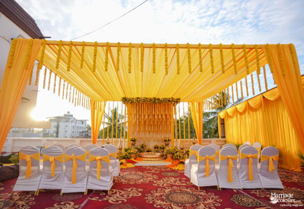 Haldi Function Decoration in House | Marigold Flowers | Yellow Fabric