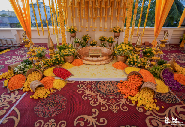 Haldi Function Decoration in House | Marigold Flowers | Yellow Fabric