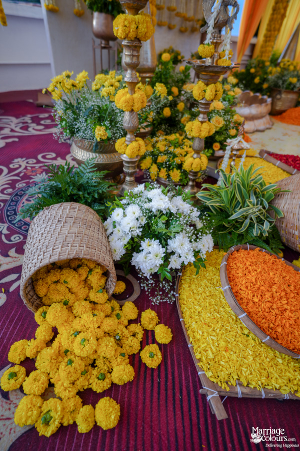 Haldi Function Decoration in House | Marigold Flowers | Yellow Fabric