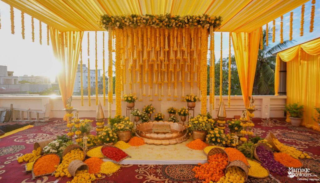 Haldi Function Decoration in House | Marigold Flowers | Yellow Fabric