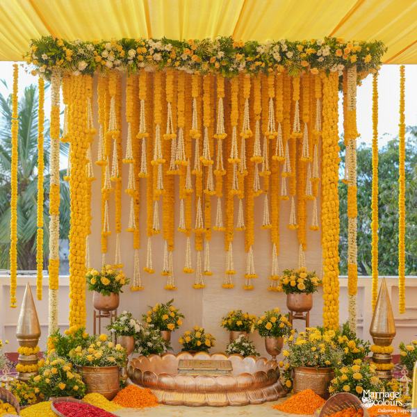 Haldi Function Decoration in House | Marigold Flowers | Yellow Fabric