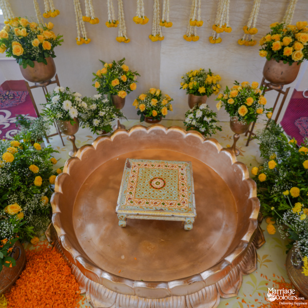 Haldi Function Decoration in House | Marigold Flowers | Yellow Fabric